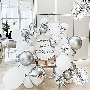 60 PCS White Silver Confetti Latex Balloons, 12 inch Silver Metallic Balloon with White Latex Balloons for Wedding Birthday Baby Shower Decorations