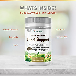 NaturVet Senior Advanced 5-in-1 Support Dog Supplement – Helps Support Immune System, Heart, Liver, Cognitive Function, Eye Health – Includes Ginkgo Biloba, Lutein – 60 Ct.