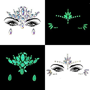 Le Fu Li 8 Sets Noctilucent Face Gems Luminous Temporary Tattoo Stickers Acrylic Crystal Glitter Stickers Waterproof Face Jewels Rainbow Tears Rhinestone for Party, Rave Festival