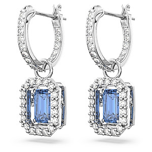 Swarovski Una Earrings, Octagon cut Swarovski Zirconia, Blue, Rhodium Finish