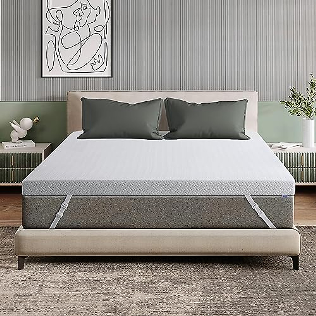 3 Inch Queen Memory Foam Mattress Topper Cooling Gel Infusion Ventilated Design Removable Bamboo Breathable and Washable Cover with Strap