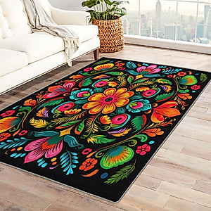 MOBEITI Mexican Area Rug 5x7, Floral Rugs for Bedroom Living Room, Colorful Home Decor Carpet, Machine Washable Non Slip Soft Low Pile Indoor Decorative Large Rug
