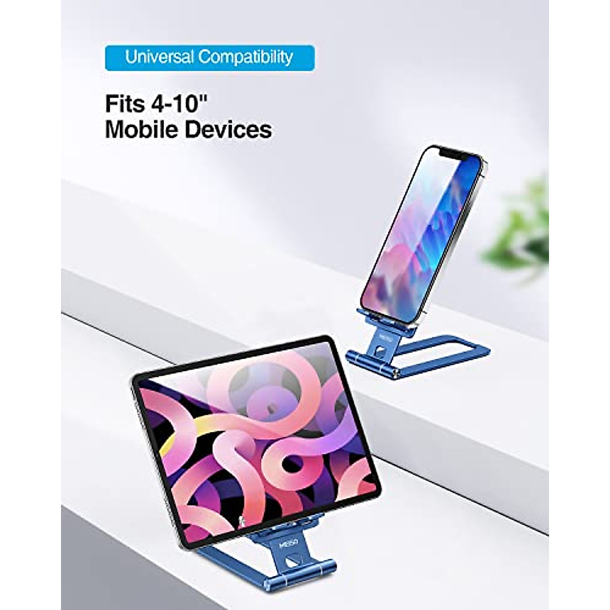 MEISO Cell Phone Stand, Fully Foldable Phone Holder for Desk, Desktop Mobile Phone Cradle Dock Compatible with iPhone, Samsung Galaxy, iPad Mini, Tablets Up to 10” (Navy Blue)