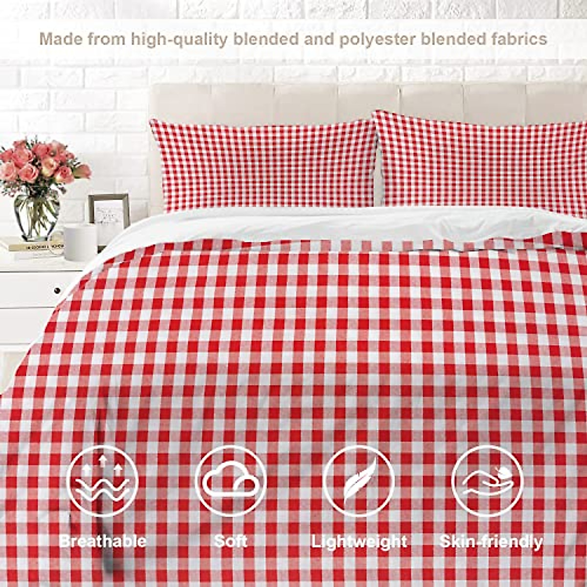 BaoNews Red White Checkered Duvet Cover Set Twin Size,3 Pieces Square Red and White Gingham Bedding Set Hotel Quality Comforter Cover Set with 2 Pillowcases(No Filler)