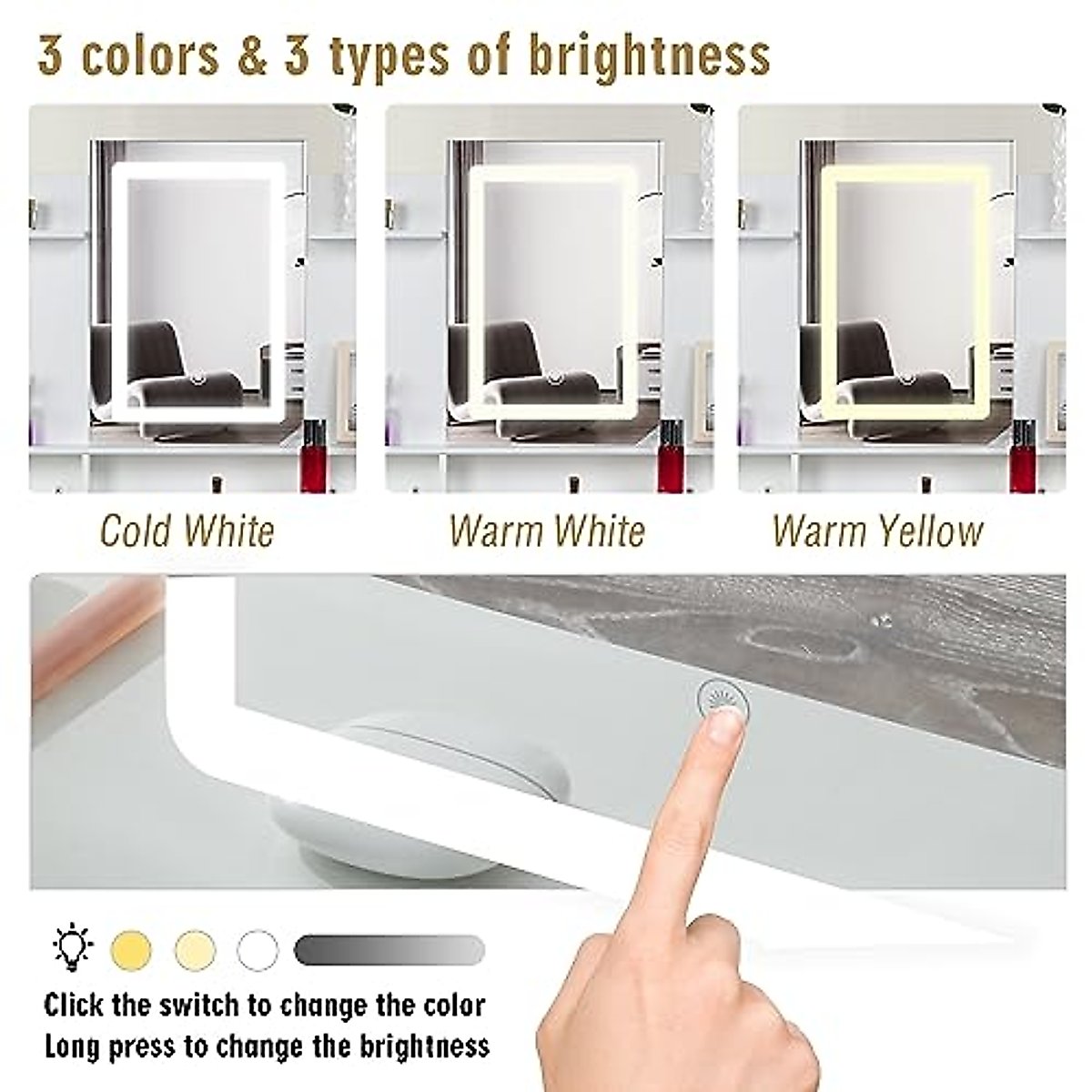 Modern Vanity Table with LED Lighted Mirror, Makeup Vanity Desk with 2 Drawers,Vanity Table Mirror with 3 Color Modes,Multiple Shelves & Cushioned Stool,Dressing Table for Bedroom