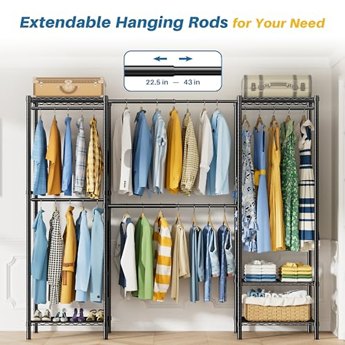 HEMTEN K1 Heavy Duty Clothes Rack Closet, 5 Tiers Adjustable Metal Freestanding Expandable Clothing Storage with 5 Hanger Rods, Easy to Assemble Wardrobe, 78" H x (69.7" - 90") L x 15.7" D, Black