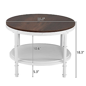VINGLI 25.6" Rustic Oak White Round Farmhouse Coffee Table, 2-Tier Storage Wood Center Circle Accent Table for Living Room, Bedroom, Apartment, Studio and Small Spaces, Sturdy Metal Frame