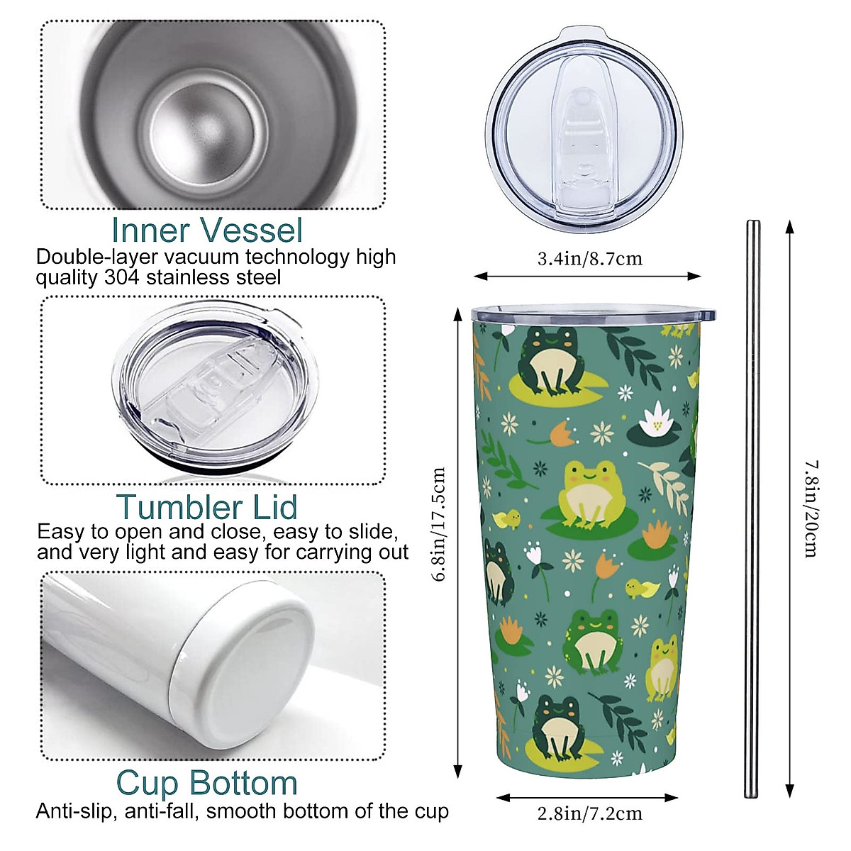 Frog Tumbler with Lid and Straw, 20 Oz Stainless Cup Steel Insulated Water Bottle Travel Coffee Mug