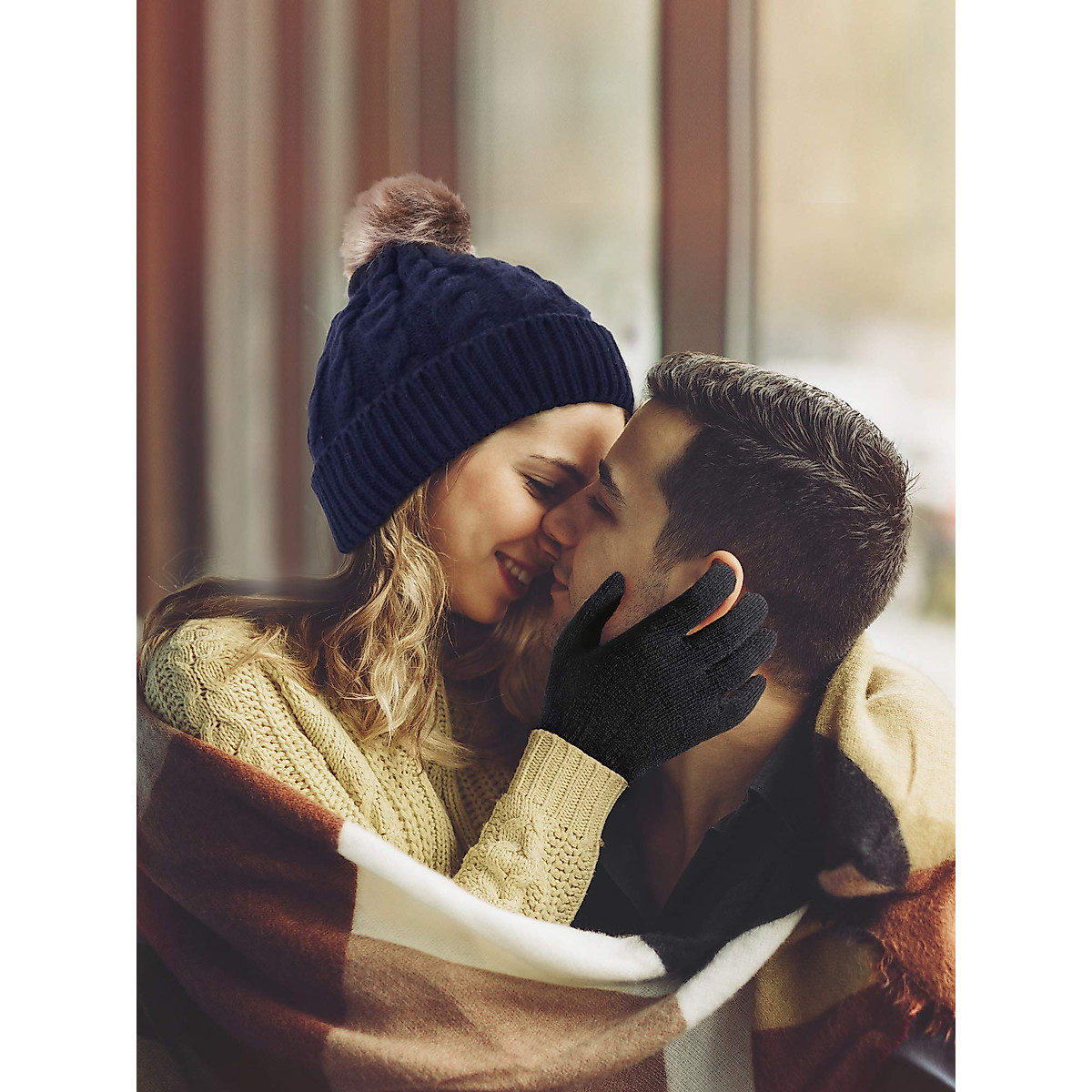 Women's Winter Knitted Beanie Hat with Faux Fur Pom Slouchy Hat and Full Finger Knitted Gloves (Navy Blue Hat)