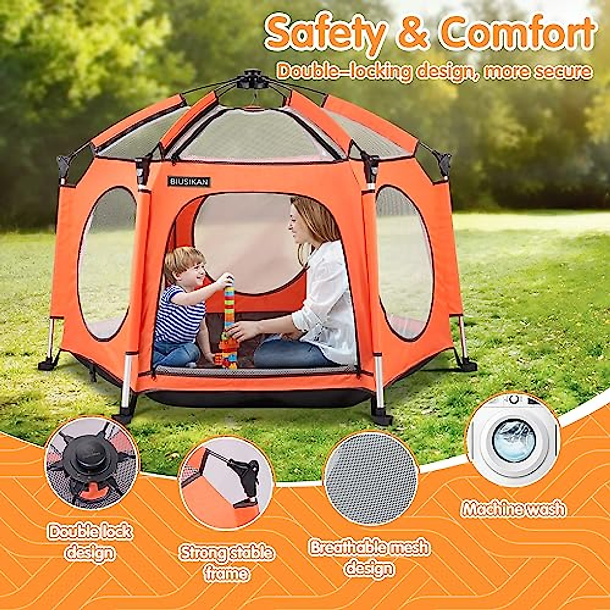 Baby Playpen, BIUSIKAN Premium Portable Baby Beach Tent, Lightweight Pop Up Pack and Play Baby Play Yard with Canopy and Travel Bag, Toddler Playpen for Indoor/Outdoor use - Orange