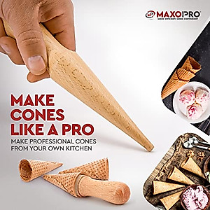 MaxoPro Ice Cream Waffle Cone Roller – 8.6 Inch Strong & Smooth krumkake cone roller - Wooden Pizzelle Cone Mold – Non-Slip Handle Waffle Cone Shaper Tool