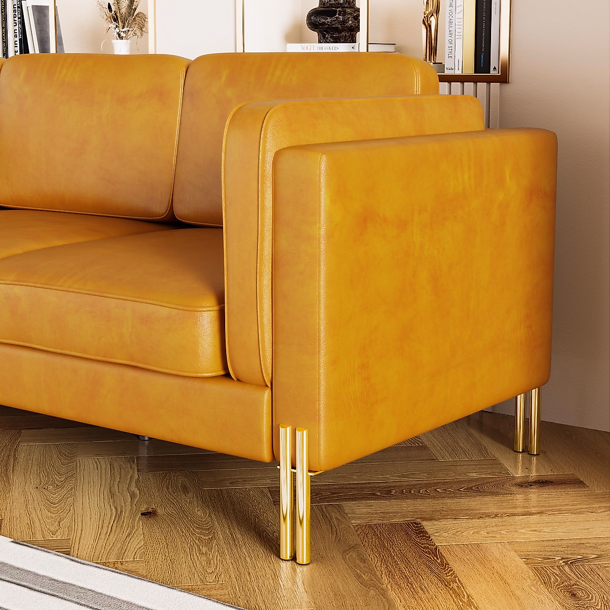 Lostcat 94"PU Leather Sofa, Mid-Century Modern Loveseat Couches Modern Sofa,94" Sofa with Reversible PU Leather Upholstered, Large 3 Seater Sofa with Gold Metal Legs for Living Room Comfy Couch,Brown