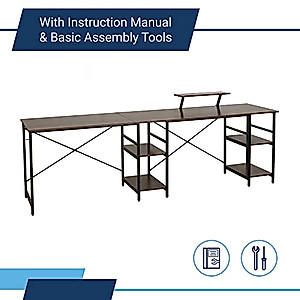 Techni Mobili Office Desk - Reversible L Shaped Desk with Storage Shelves, Monitor Stand & Accessory Holder - Ergonomic & Industrial Workstation Corner Table with Durable Steel Frame, Walnut