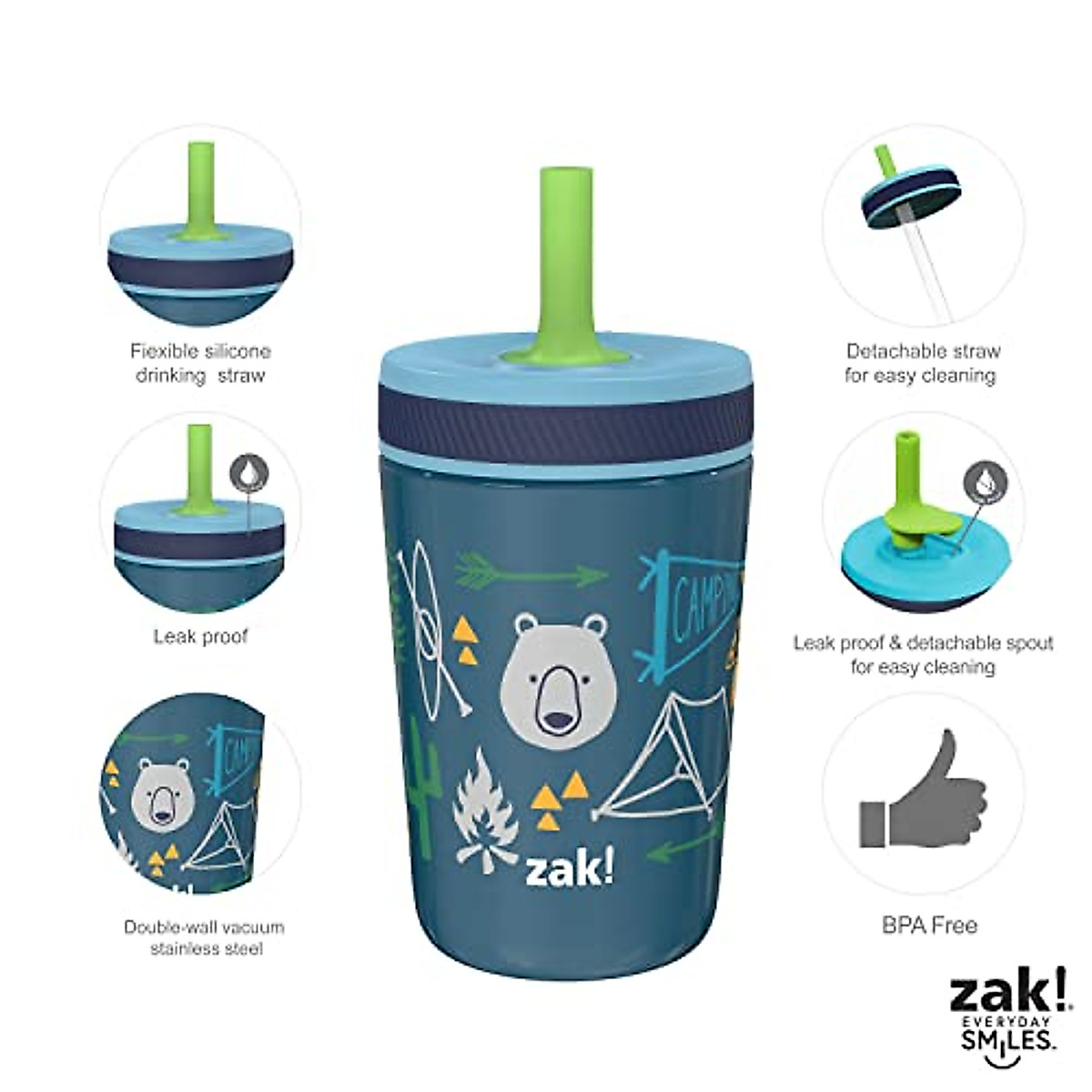 Zak Designs Campout and Camping Kelso Tumbler Set, Leak-Proof Screw-On Lid with Straw, Bundle for Kids Includes Plastic and Stainless Steel Cups with Bonus Sipper, 3pc Set, Non-BPA,15 fl oz