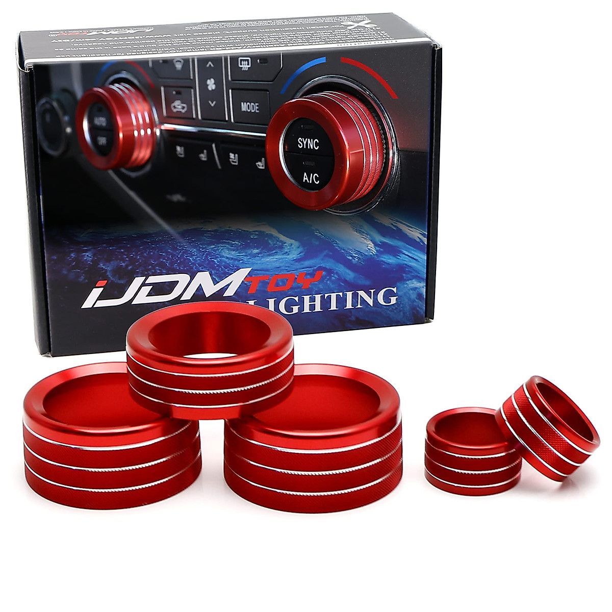 iJDMTOY 5pc-Set Red Aluminum Air Conditioner Stereo Volume/Tune 2WD/4WD Switch Turner Ring Covers Compatible with 2017-2021 Toyota Tundra w/ 2-AC Center Console