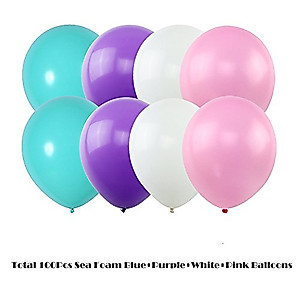 K KUMEED 100PCS White Purple Pink Blue Assorted Latex Balloons for Mermaid Wedding Baby Shower Birthday Party Decorations, 2 Rolls of Ribbon