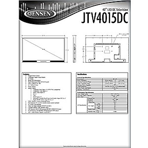 Jensen JTV4015DC Widescreen 40" LED DC Television, 1920 x 1080 Resolution, 200 cd/m2 Brightness, 5000:1 Contrast Ratio, 89° View Angles, 16:9 Display Format, 6.5ms Response Time, DC 12V Power