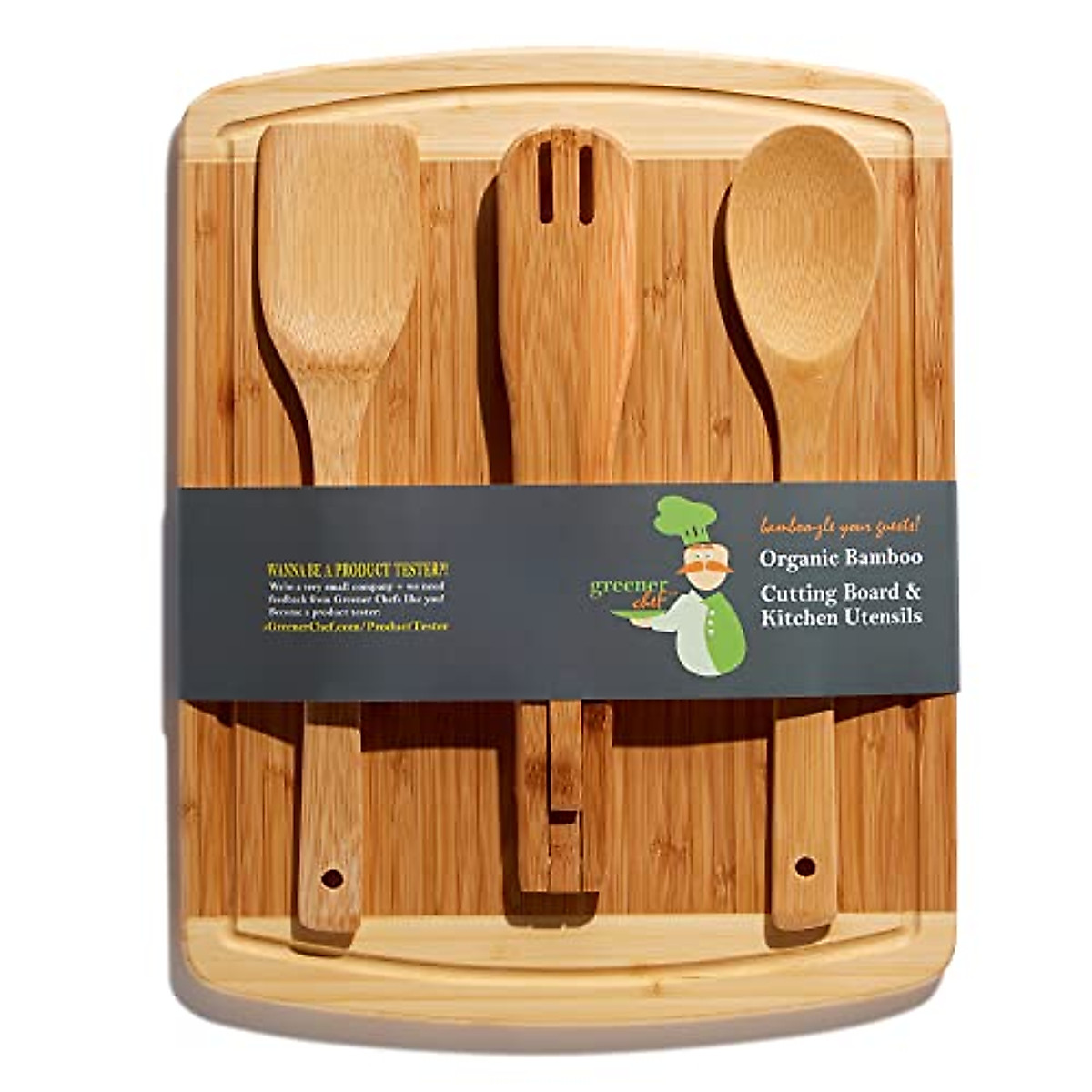 Bamboo Cutting Board Housewarming Gift Set - With Bonus 3-Piece Cooking Utensils - Wooden Spoon, Salad Tongs and Wood Spatula - Mother's Day, Wedding & Kitchen Gadgets Gift Idea