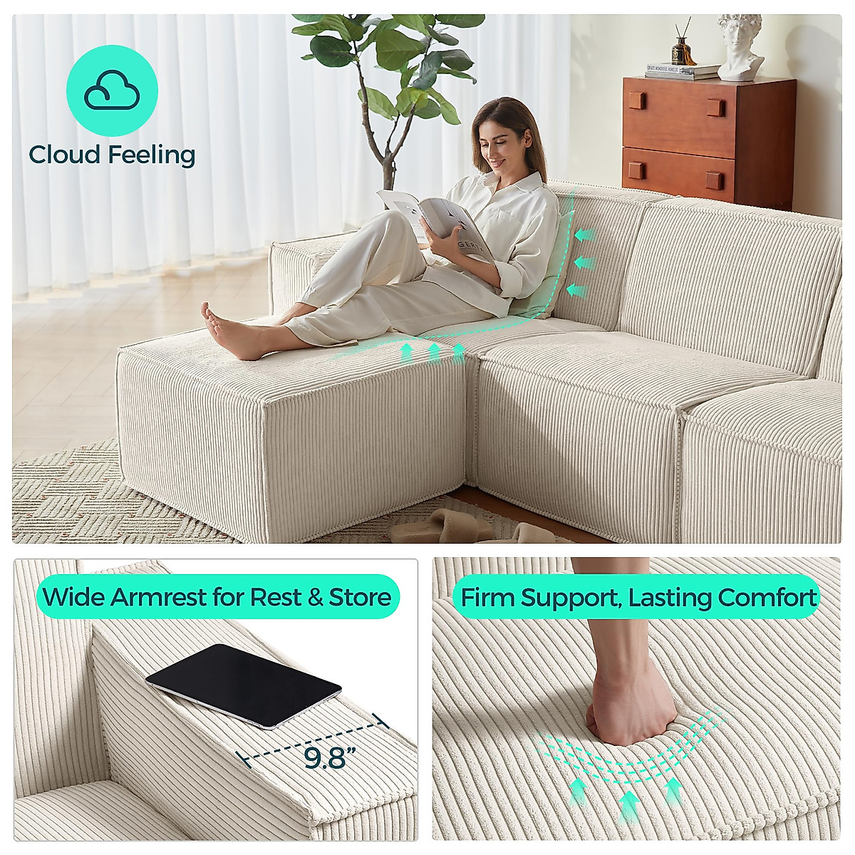 LINSY HOME Oversized Deep Modular Sectional Sofa, Cloud Couch L Shaped 4-Seat Sofa with Ottoman, Corduroy Sectional Couches for Living Room, No Assembly Required, Beige