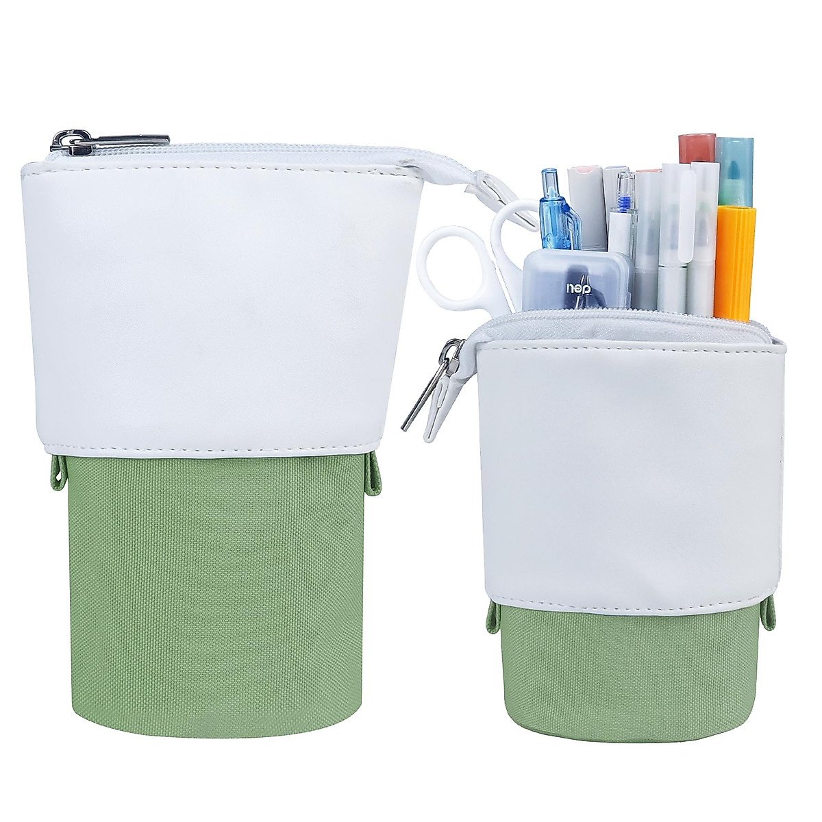 Fmeida Standing Pencil Case Telescopic Pencil Pouch Pop Up Pencil Bag Pen Holder Organizer Aesthetic Stand Up Stationery Pouch Makeup Cosmetics Bag for Christmas Holiday New Year Gift Light Green