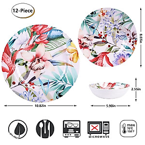 Melamine Dinnerware Sets 12 Pcs Plates and Bowls Sets Lightweight Unbreakable Natural Elements Pattern Dinner Plates Salad Bowls Outdoor Dishes Set for 4 BPA Free Dishwasher Safe (Red)