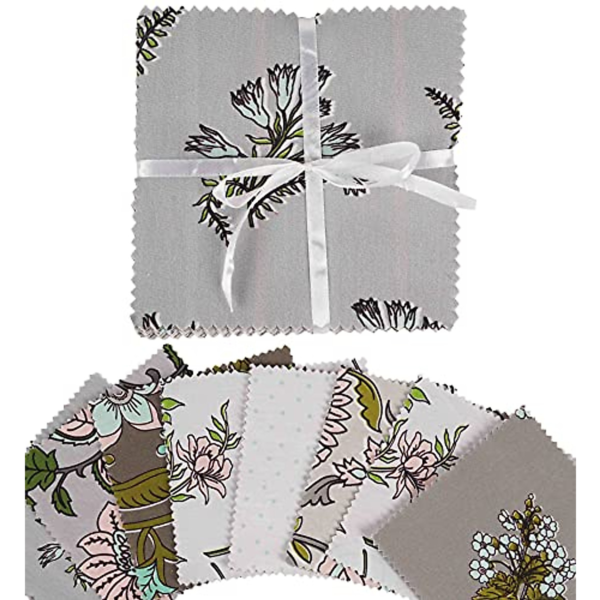 Soimoi Florals Print Precut 5-inch Cotton Fabric Quilting Squares Charm Pack DIY Patchwork Sewing Craft- Light Gray
