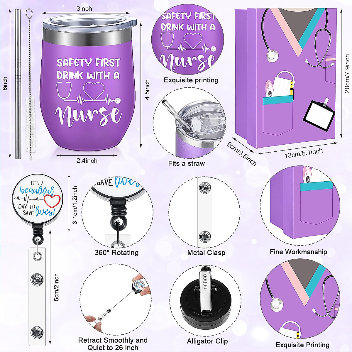 Nurse Gifts Women Nurse Appreciation Gift Graduation for Nurse Gift Practitioner Nurse Christmas Gifts, Badge, Cosmetic Bag, Tumbler, Scroll Holder, Socks, Bag Cup (Purple, Stylish Style)