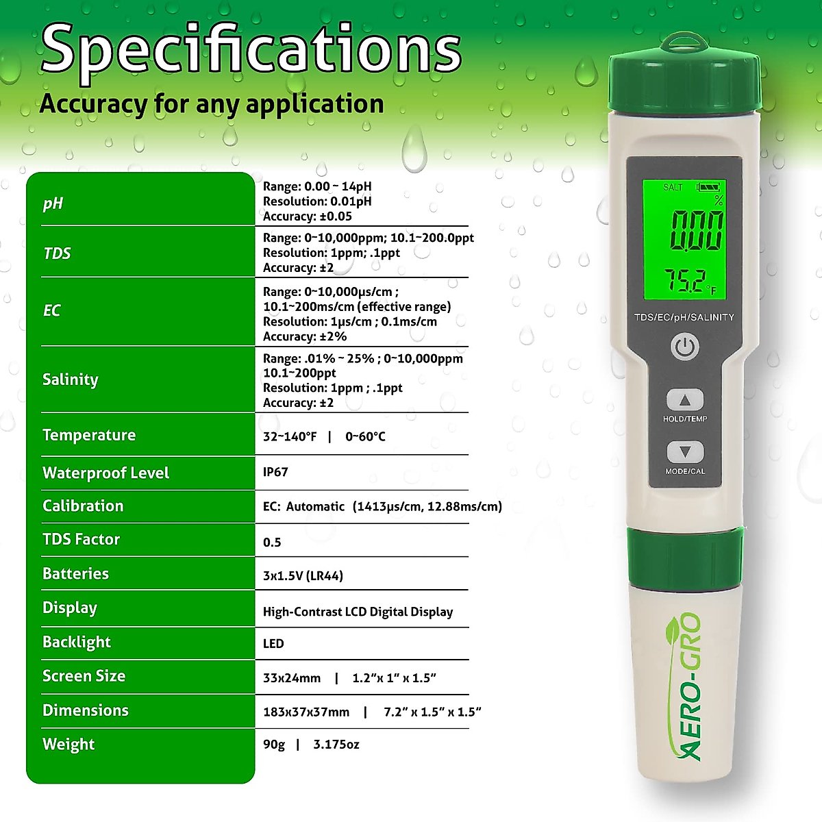 AERO-GRO Digital 5-in-1 Meter: 5 Functions: pH, TDS, EC, Salinity%, Salinity ppm, and Temp, IP67 Waterproof, Pen-Type Tester for Hydroponics, Water, Wine, Spas, Aquariums