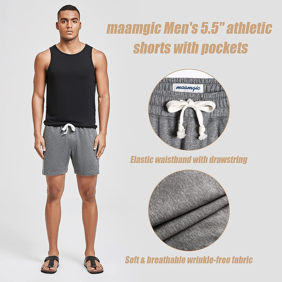 maamgic Mens Athletic Gym Shorts 5.5" Elastic Waist Casual Pajama Pocket Jogger Men Workout Short Pants Light Grey Shorts Large