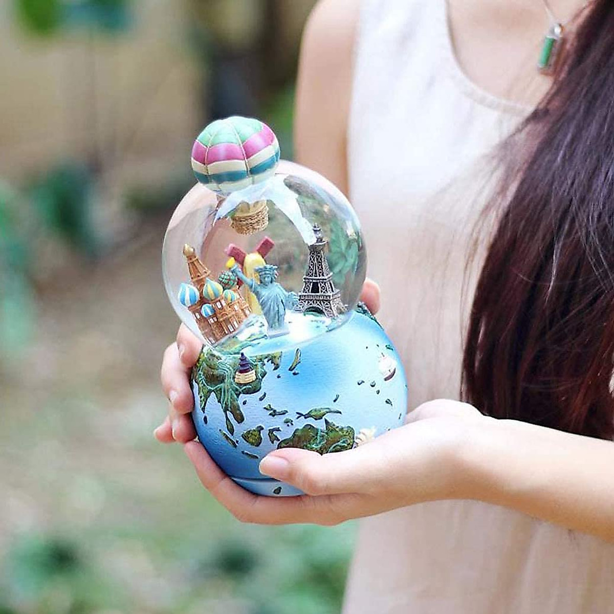 Snow Globe Valentine's Day with Music for Kids Boys Girls Women Adults Unique Gift 3D Hot Air Balloon Snowglobes Around The World Travel Rotating Christmas Music Box Decorations