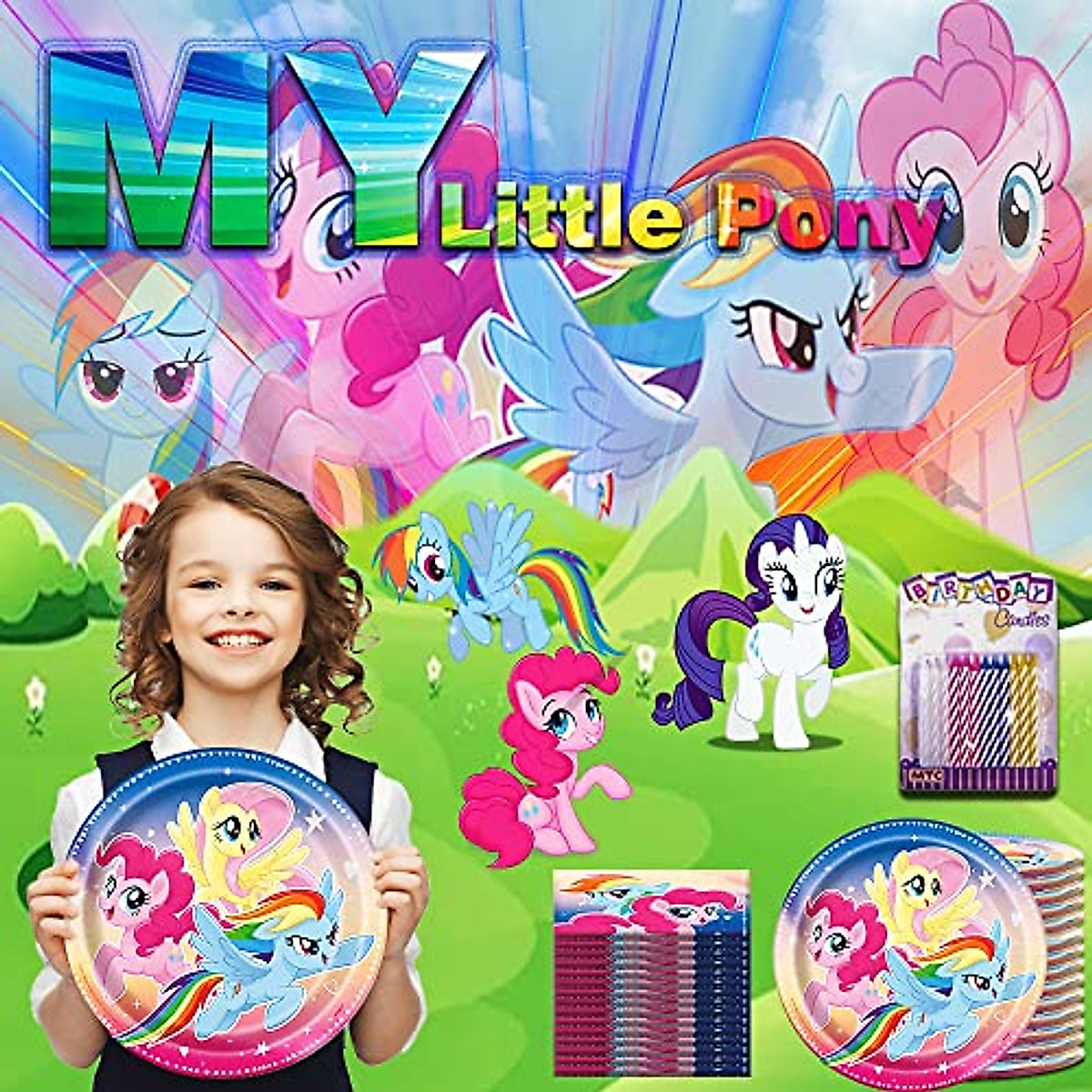 My Little Pony Happy Birthday Plates & Napkins Party Supplies - 9" Happy Birthday Party Plates for Lunch Serves 16 - Birthday Paper Plates & Napkin Set Plus 24 Birthday Candles