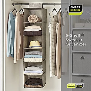 Smart Design 6-Shelf Cubby Sweater Hanging Organizer with Hook & Loop - Heavy Duty Twill Polycotton Material Clothes,Clothing, Accessories,Closet Storage Home Organization(12*48 Inch) [Gray] 6-Tier