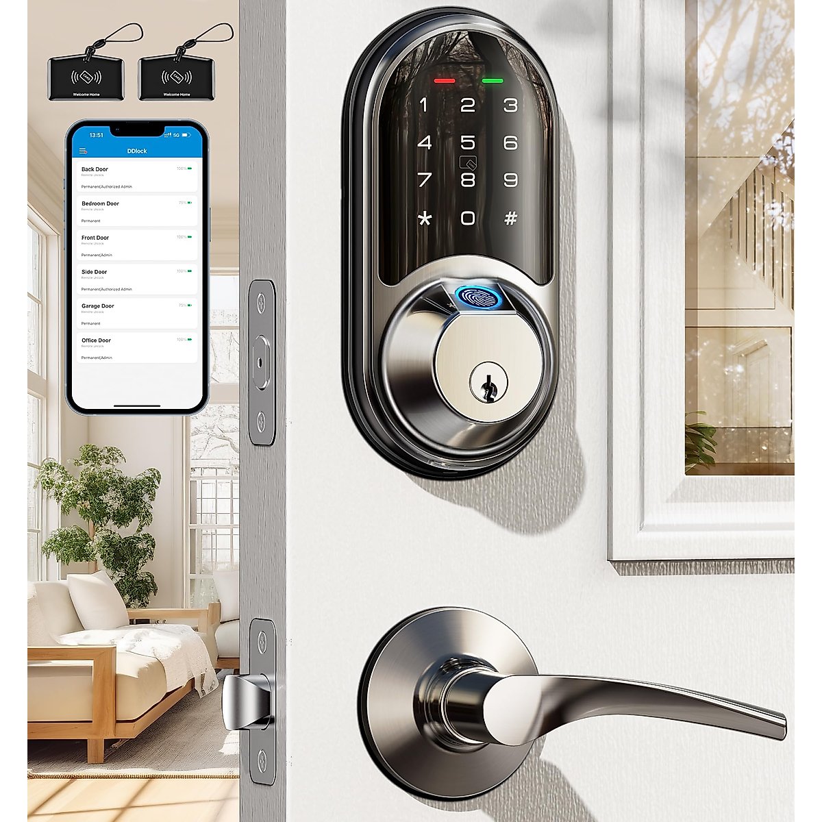 Veise Smart Locks for Front Door, 2 Lever Handles, Fingerprint Keyless Entry, App Control Biometric Door Lock Set, Electronic Digital Touchscreen Keypad Deadbolt, Easy Install, Auto Lock, Satin Nickel