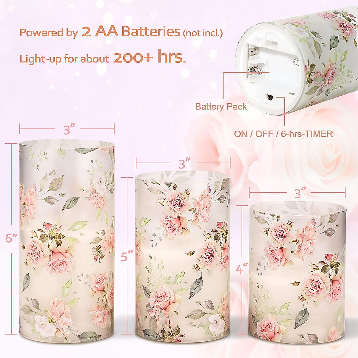 GORGE MOMENT Rose Flameless Candles Love Theme Battery Operated Glass Flickering LED Candle with Remote Pink Flower Decal Realistic Pillar Candles Bedroom Home Decor Table Ornament
