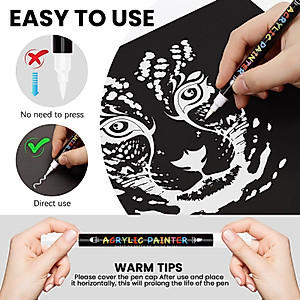 Tesquio Black and White Paint Marker, 8 Pack Dual Tip Acrylic Paint Pens with Medium Tip and Brush Tip, Ideal for Wood, Rock Painting, Canvas, Stone, Glass, Ceramic