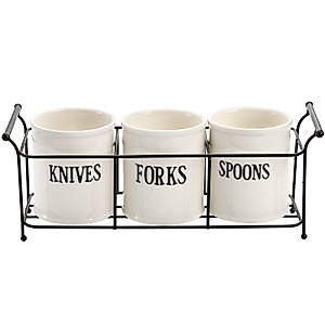 Bekith 3-Piece White Ceramic Silverware Caddy with Black Metal Rack, Utensil Holder Flatware Caddy Cutlery Storage Organizer for Kitchen Table, Cabinet or Pantry