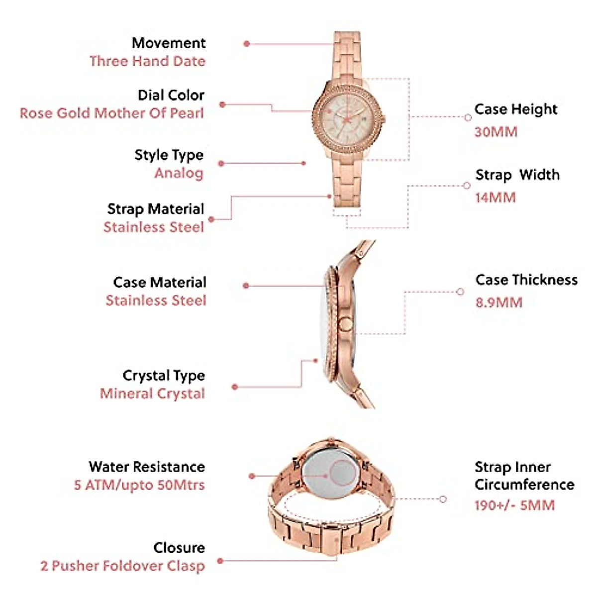 Fossil Women's Stella Mini Quartz Stainless Steel Three-Hand Watch, Color: Rose Gold (Model: ES5136)