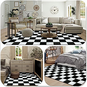Area Rug White Black Checkered Ceramic Tiles Pattern Seamless Washable 4x6 feet Rugs for Bedroom Kitchen Living Room Non Slip Outdoor Carpets Soft Mats for Home Playroom Decor