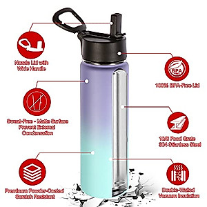 Volhoply 22 oz Insulated Water Bottles with Straw Lid, Stainless Steel Bottle with Handle, Double Walled Metal Travel Water Thermos with Wide Mouth, Reusable Water Flask for School(Purple Blue,1 Set)