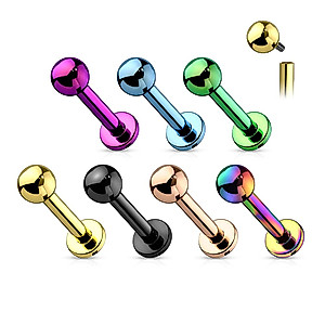 16GA PVD Plated G23 Implant Grade Titanium Internally Threaded Ball Top Flat Back Labret Monroe Lip Cartilage Helix Tragus Conch Ear Lobe Barbell Stud (Black)