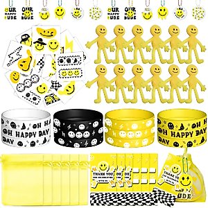 Wood Homing 72PCS One Happy Dude Birthday Party Favor for Kids Smile Face Theme Gifts Set Include Bracelet Tatto Thank You Card with Keychain and Organza One Happy Dude Party Classroom School Supplies