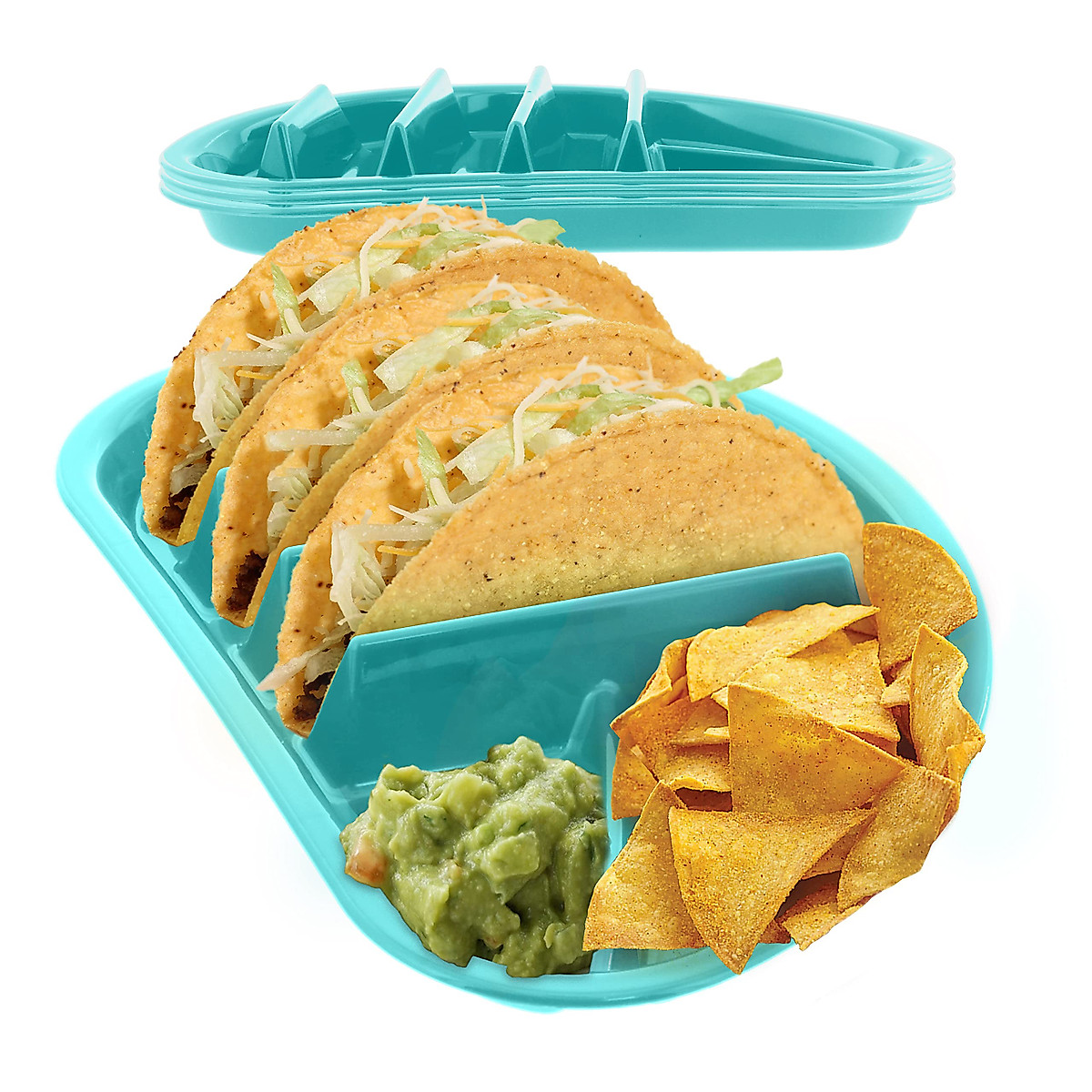 Arrow Home Products Fiesta Taco Plate, 4 Pack - Each Plate Includes 3 Taco Holders Plus 2 Compartments - BPA Free Plastic, Made in the USA, Dishwasher Safe - Teal Blue