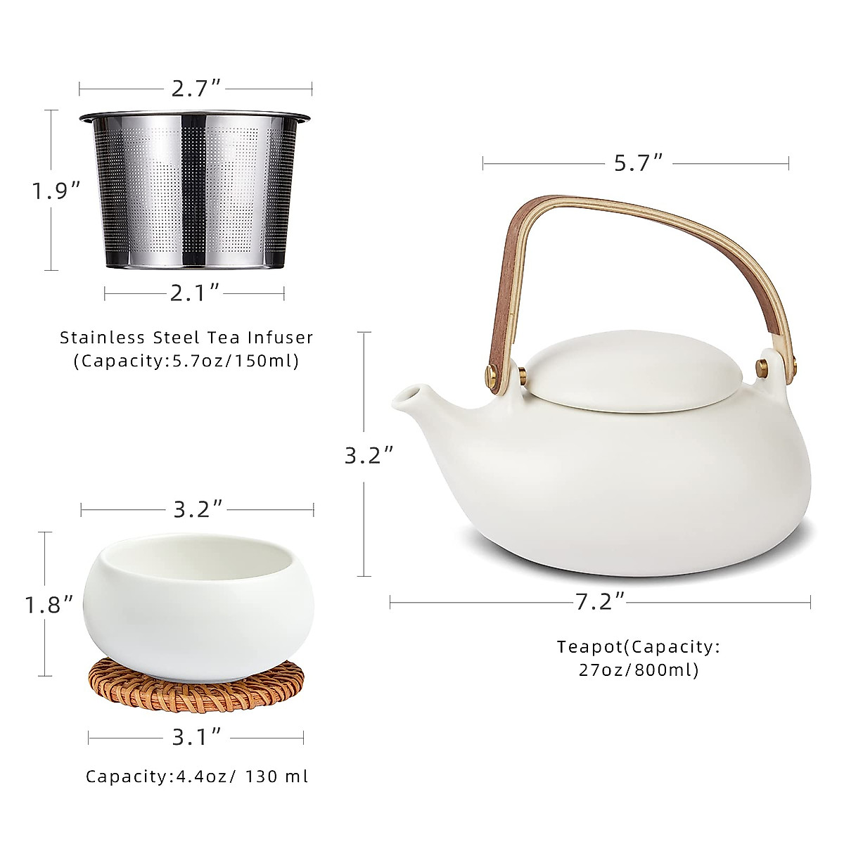 ZENS Ceramic Teapot with Infuser, Bentwood Handle Loose Leaf Japanese Tea Set, 27 Ounce Matte White Tea Pot with 4 Cups & Rattan Coasters for Women Gift