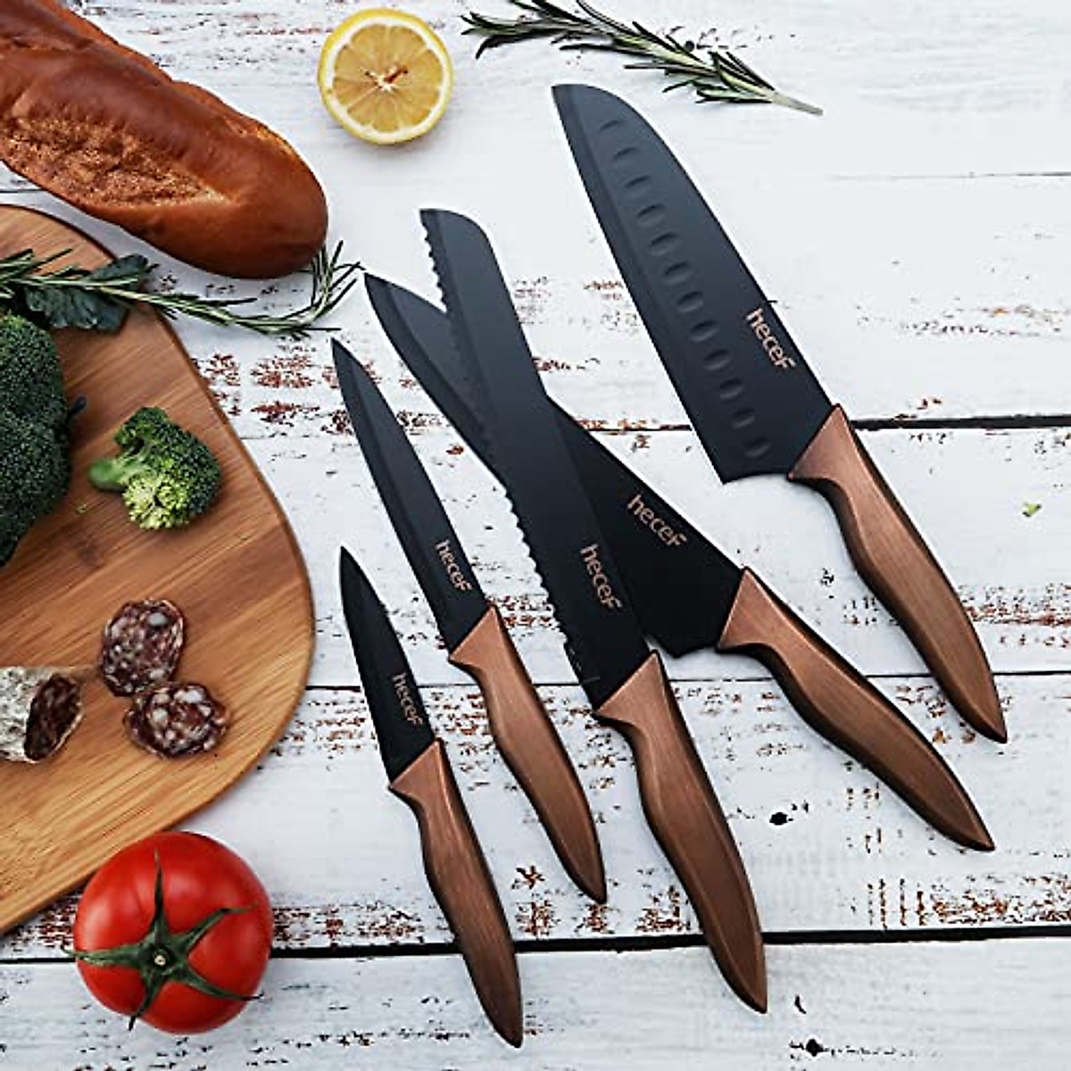 hecef Vintage Kitchen Knife Set, Stainless Steel Non-stick Black Coated Knives with Extra Sheaths, Includes 8'' Chef Knife, 8'' Bread Knife, 7'' Santoku Knife, 5''Utility Knife and 3.5'' Paring Knife
