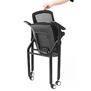FYLICA Foldable Office Chair Set of 2 with PU Wheels and Sliding Armrest-Ergonomic Mesh Bouncing Back, Stackable Conference Room Chair, Office Guest & Reception & Meeting Chair (Black)