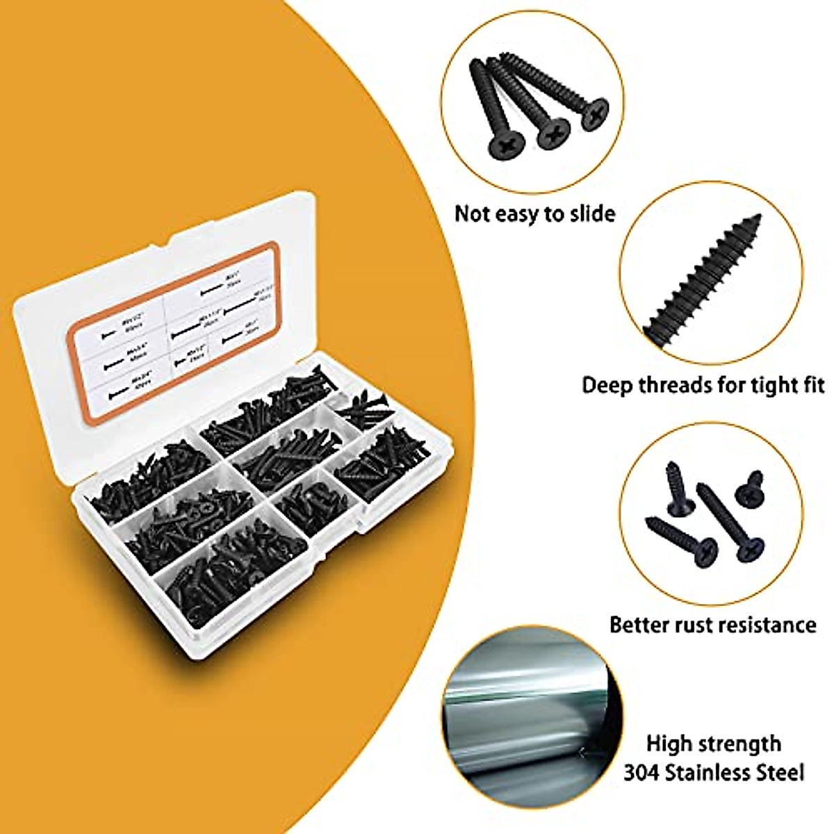 VIGRUE 310 Pcs #6 1/2'' to 1'' #8 1/2'' to 1-1/2'' Wood Screws Black Oxide Coated Stainless Steel Flat Head Phillips Drywall Screw Assortment Kit, Self Tapping Screws Kit in 8 Sizes