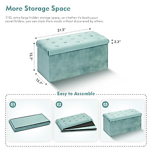 B FSOBEIIALEO Folding Storage Ottoman, Long Ottomans Shoes Bench, Velvet Storage Chest Footrest Seat 31.5"x15.7"x15.7" (Teal, Large)