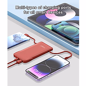 TG90° Portable Charger 10000mah Cell Phone Battery Backup, Ultra Slim Power Bank with Built in Lightning and USB-C Cable, Portable Phone Charger Battery Packs Compatible with iPhone Android Phones