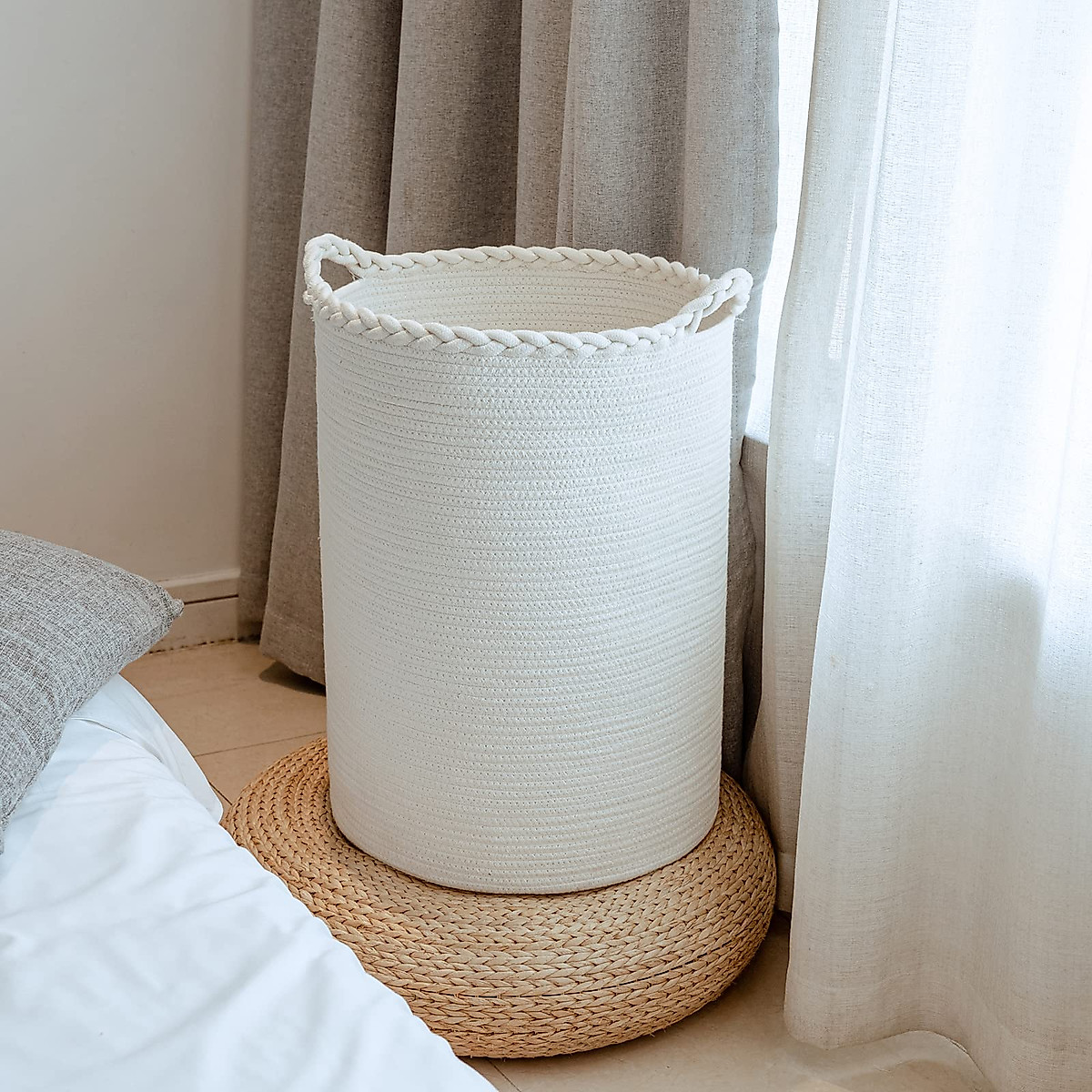 Homlikelan 58L Woven Laundry Basket,Cotton Tall Laundry Hamper for Blankets,Clothes,Pillows,Toys,Shoes Large Laundry Bin White