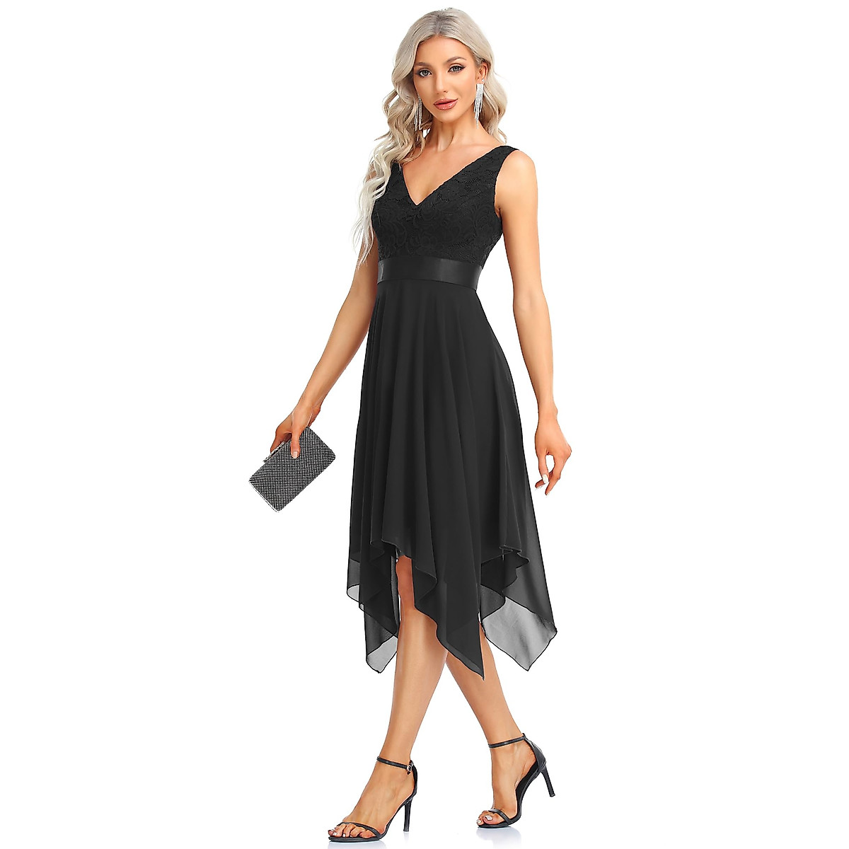 Ever-Pretty Women's Vintage V Neck Irregular Hem Lace A Line Chiffon Cocktail Dresses Emperador US12 Black